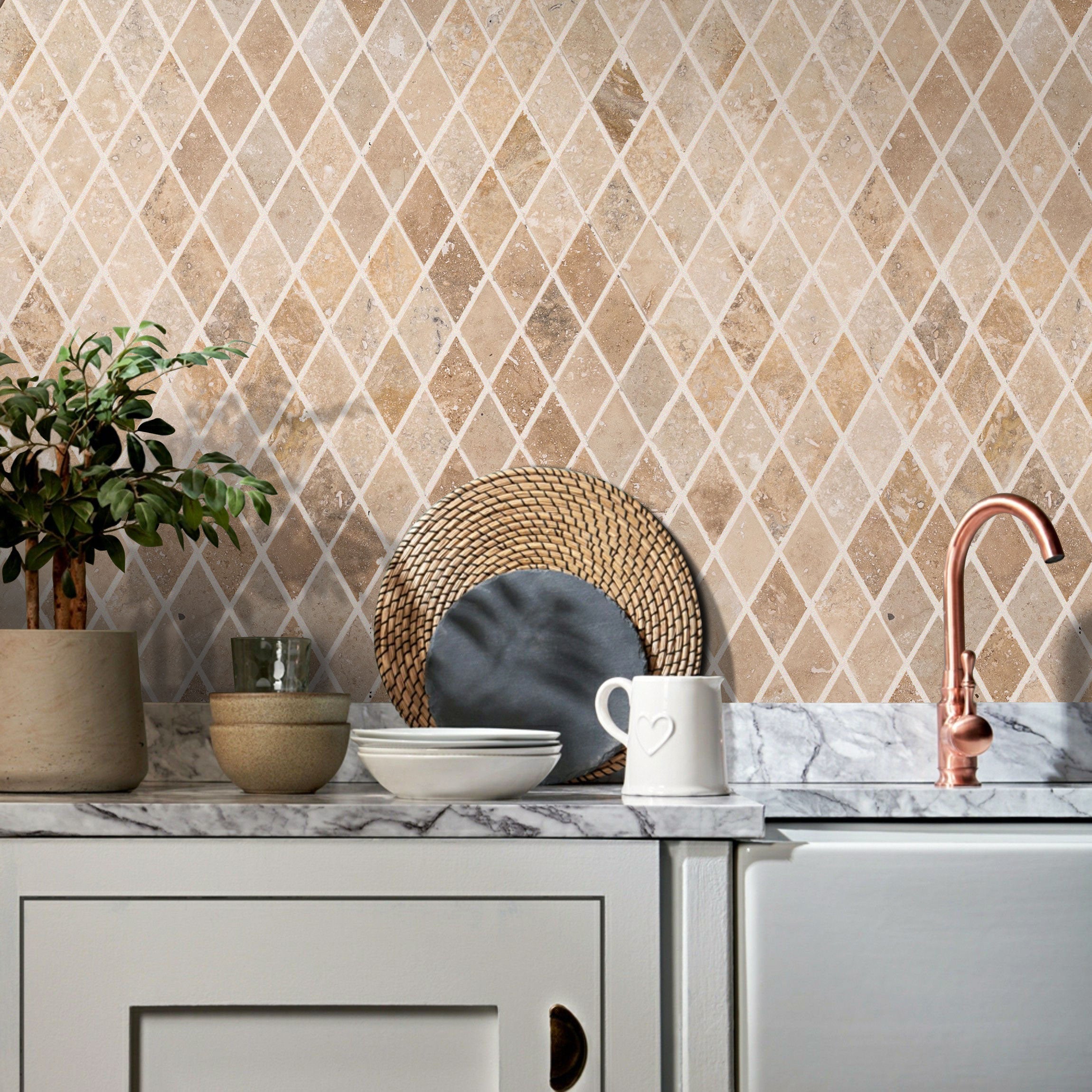 Chiaro Beige Travertine Diamond Mosaic Floor and Wall Tile (10 sqft pe ...