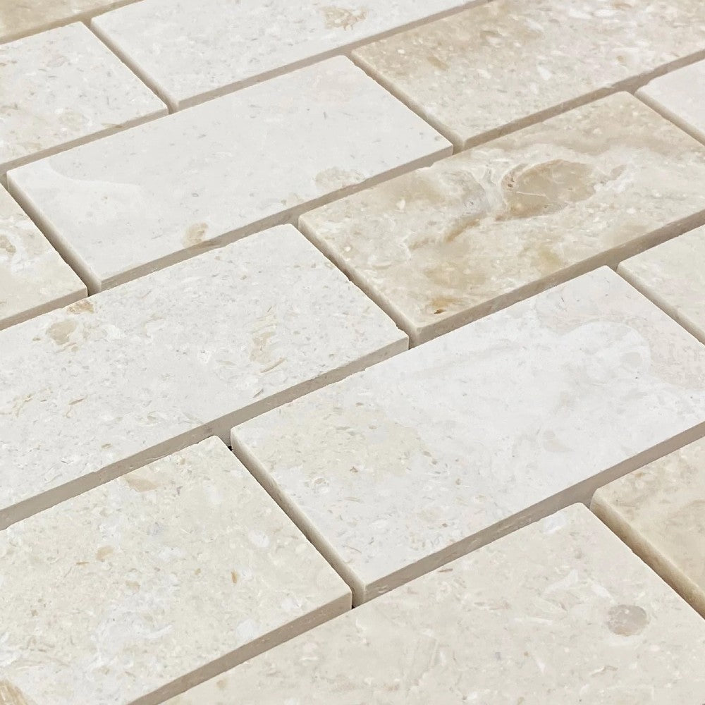 Shell Stone Limestone 2"x4" Brick Honed on 12" x 12" Mesh Mosaic Tile